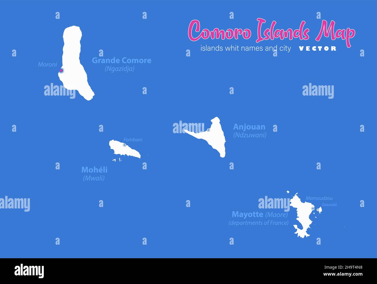 Comoro Islands map, island whit names and city, blue background vector ...