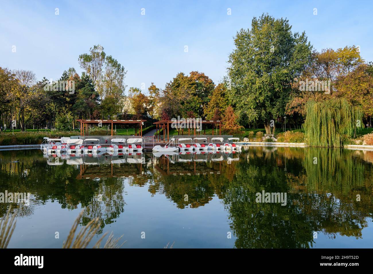 Landscape with the lake and green and yellow trees in Drumul Taberei ...
