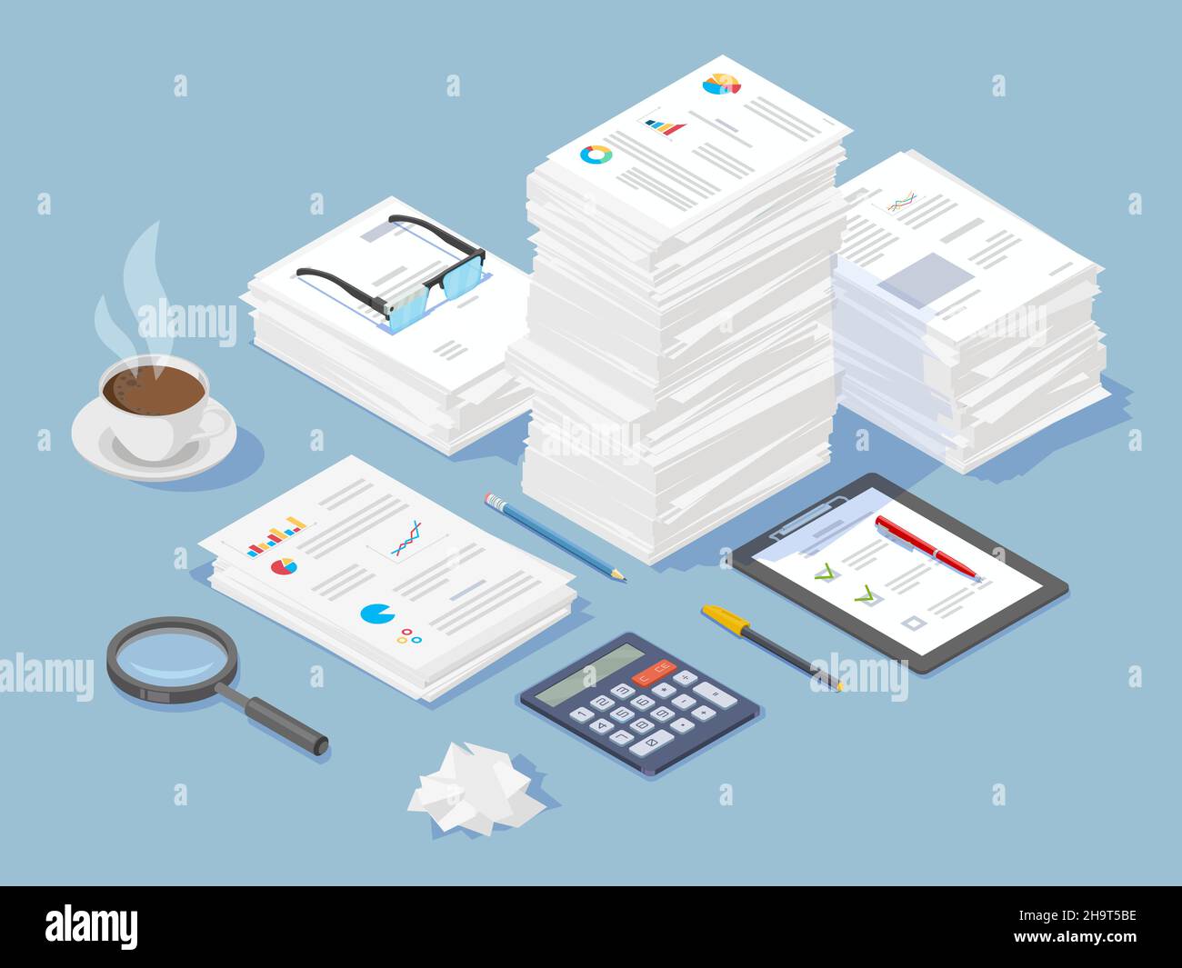Large stack of complex paper documents, magnifier calculator, coffee ...