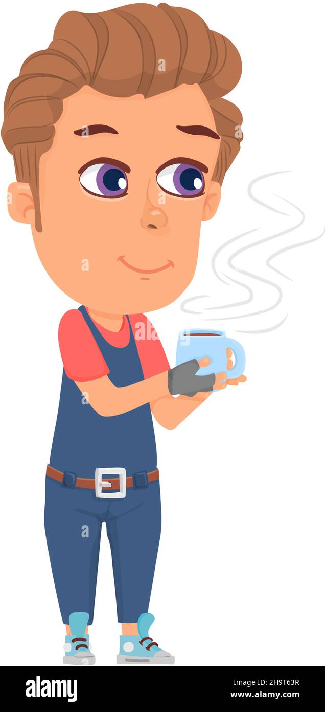 Boy holding coffee cup. Cartoon guy with hot tea Stock Vector Image ...