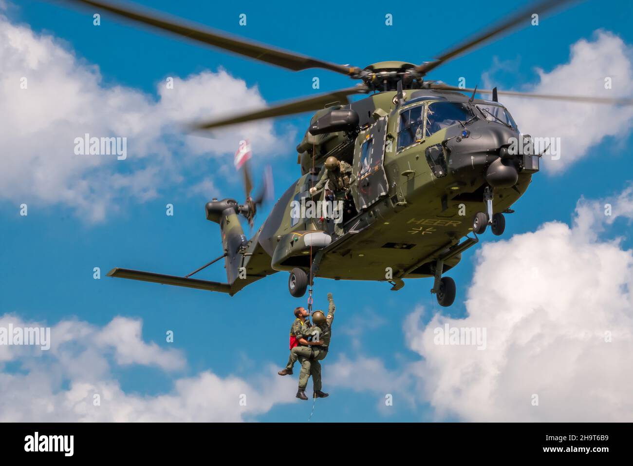 FASSBERG, GERMANY - Jul 30, 2019: A view of solders Rescue helicopter ...