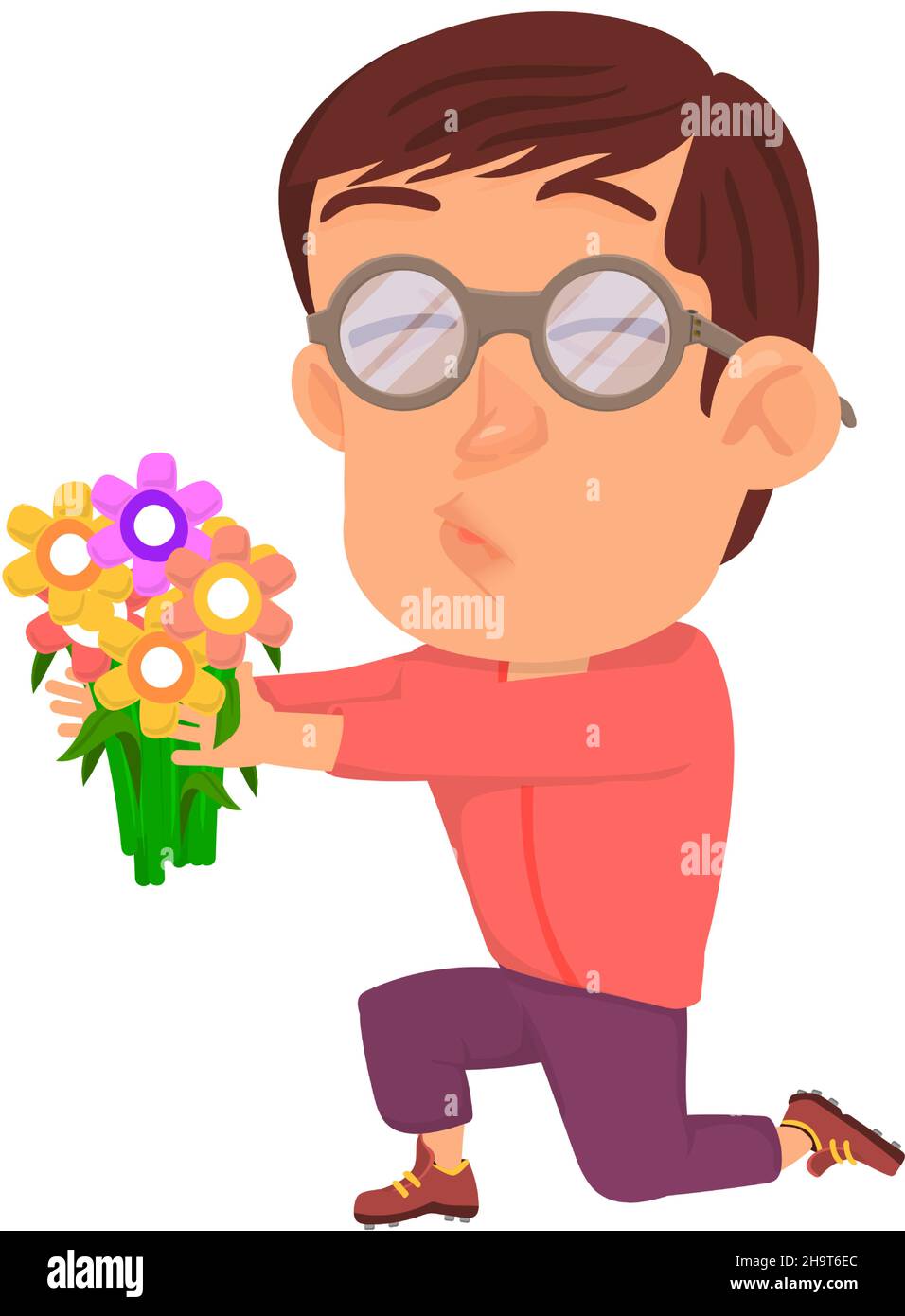 Romantic boy. Cartoon guy holding a bouquet of flowers Stock Vector ...