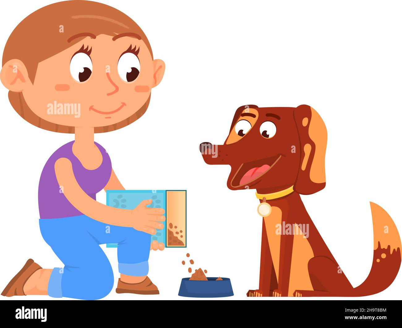 Boy feed dog. Cute smiling kid caring about pet Stock Vector Image ...