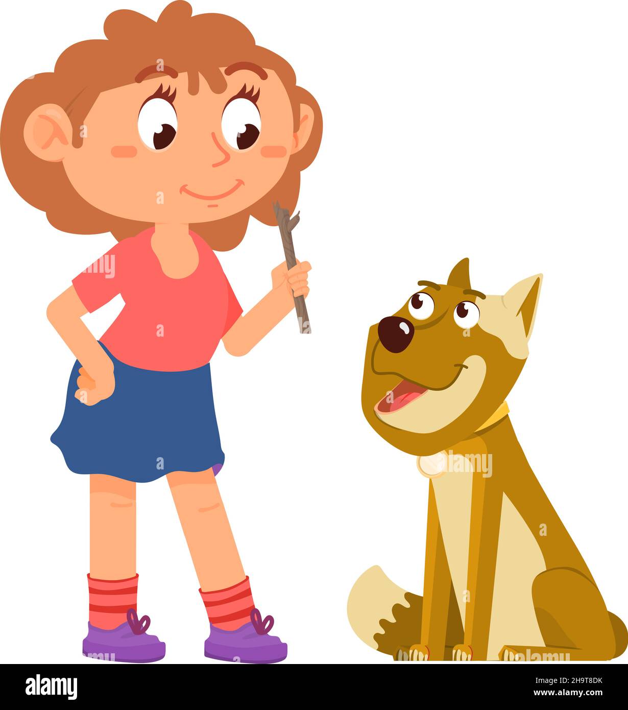 Dog training. Girl playing with puppy. Cute cartoon characters Stock ...