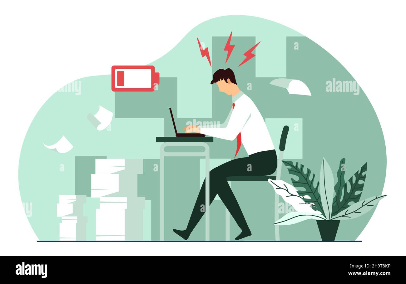 Office stress cartoon concept with unhappy overworked man vector ...