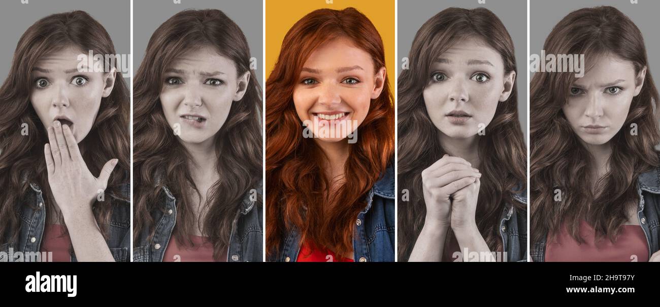 Mood changing concept. Young lady showing various emotions, creative ...