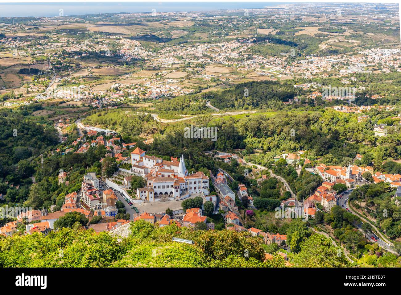 Aerial panorama with Palace of Sintra in the middle, Sintra, Portugal ...