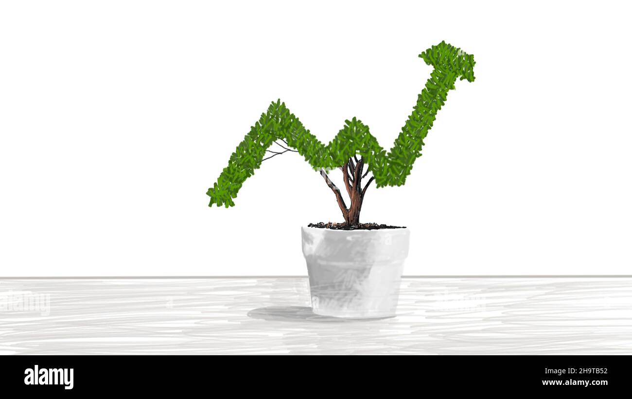 3d illustration - Small plant in pot shaped like growing graph Stock ...