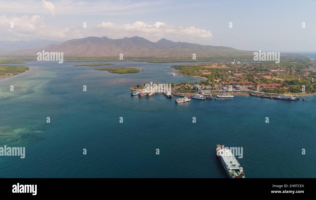 Aerial view ferry port gilimanuk with ferry boats, vehicles. Ferries ...