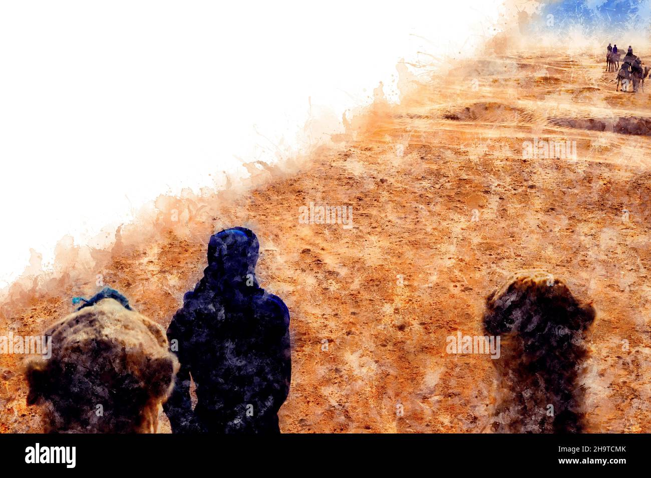 Watercolor drawing. Berber stands with his back with a camel and looks ...