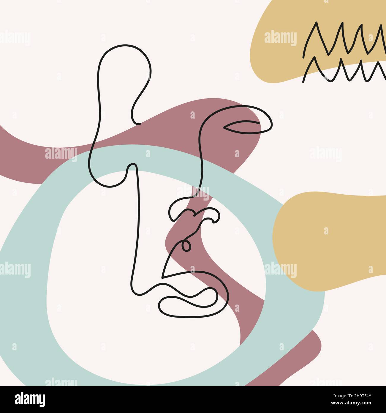 Face with abstract shapes, lines, zigzag in line art style are isolated ...