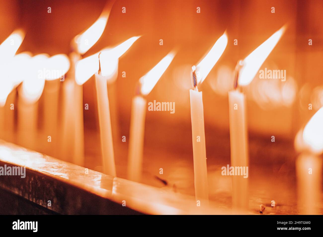 Many burning candles on stand in the church. Praying candles Stock ...