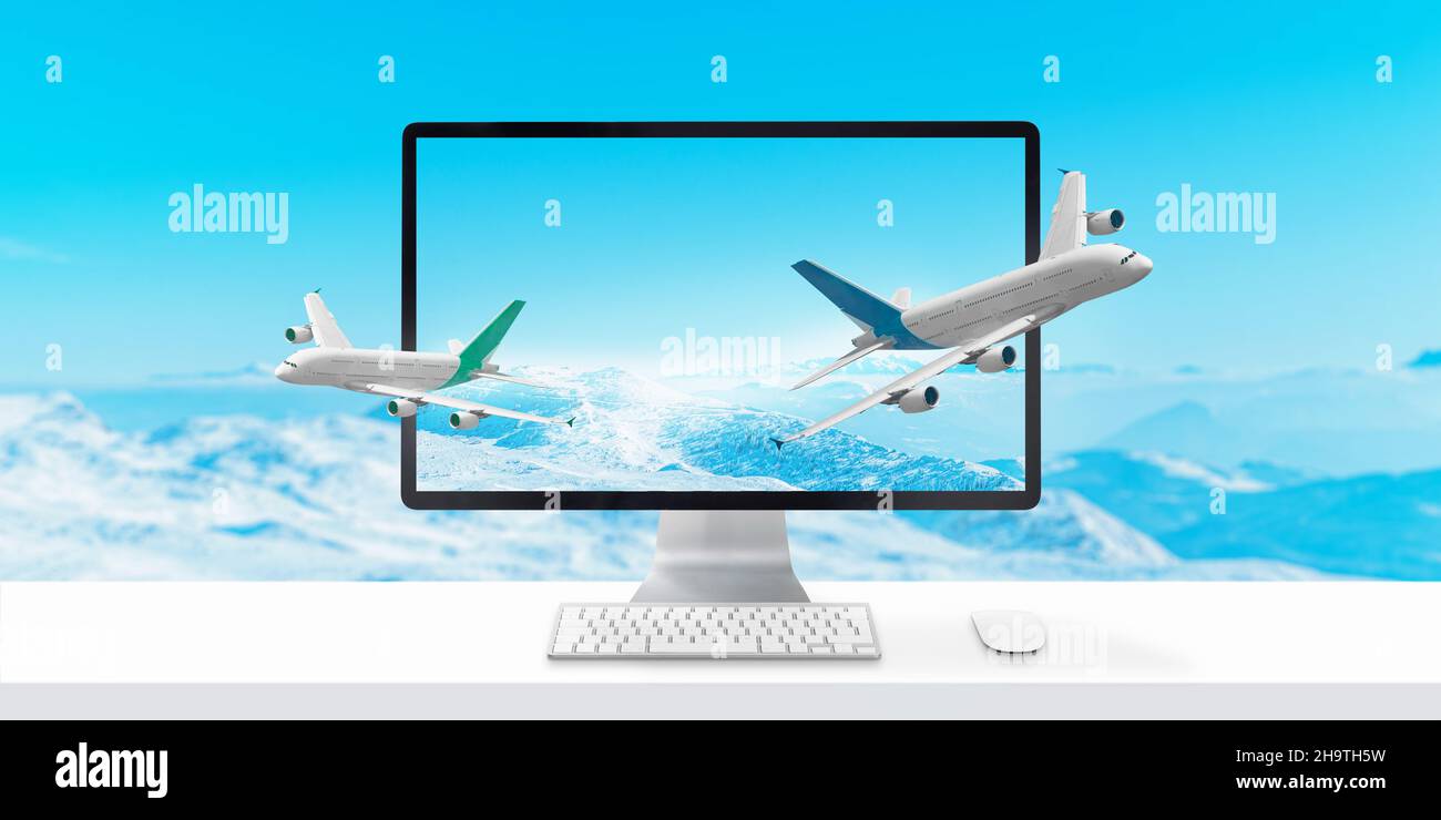 Travel composition with planes coming out of a computer display ...