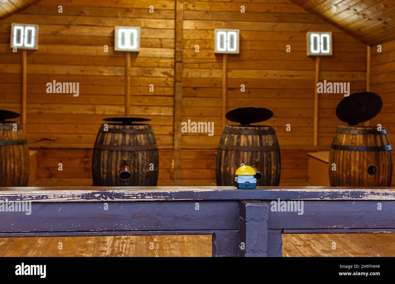 attraction several barrels for throwing a ball into them Stock Photo ...