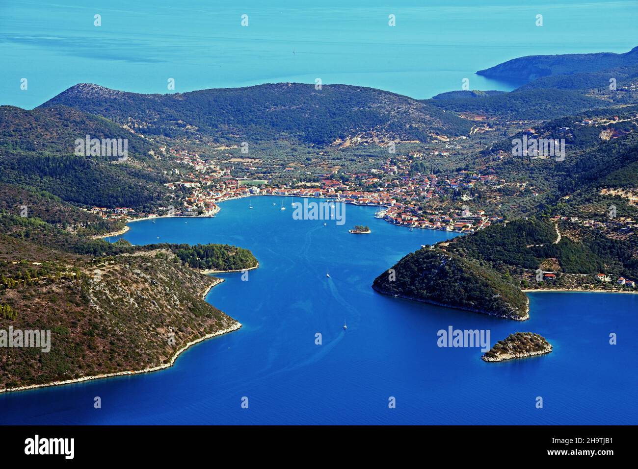 view of the coastal town Vathy, Greece, Ionian Islands, Ithaka Stock ...