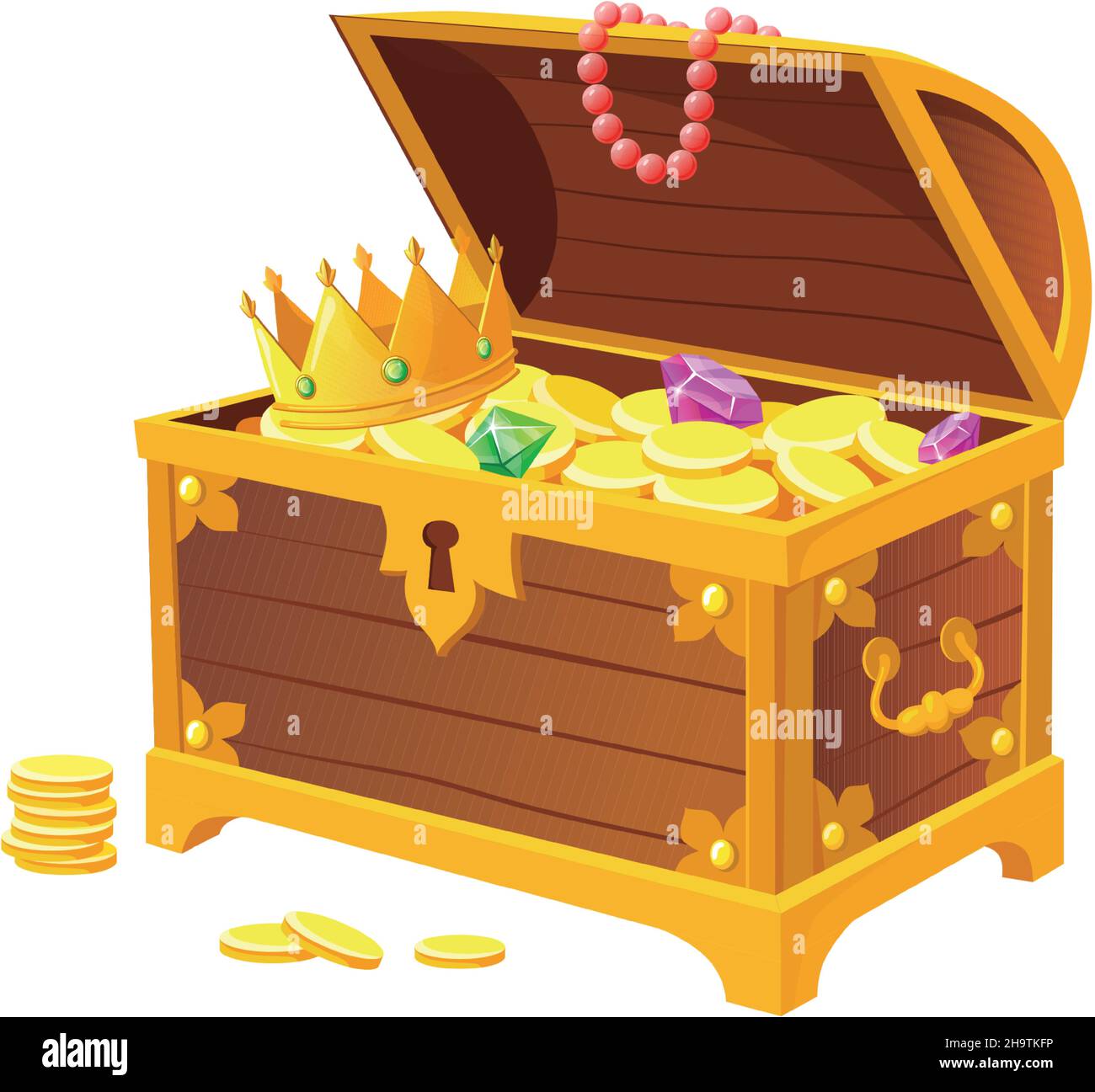 Royal treasures. Golden chest bin from cave with crown and jewellery ...