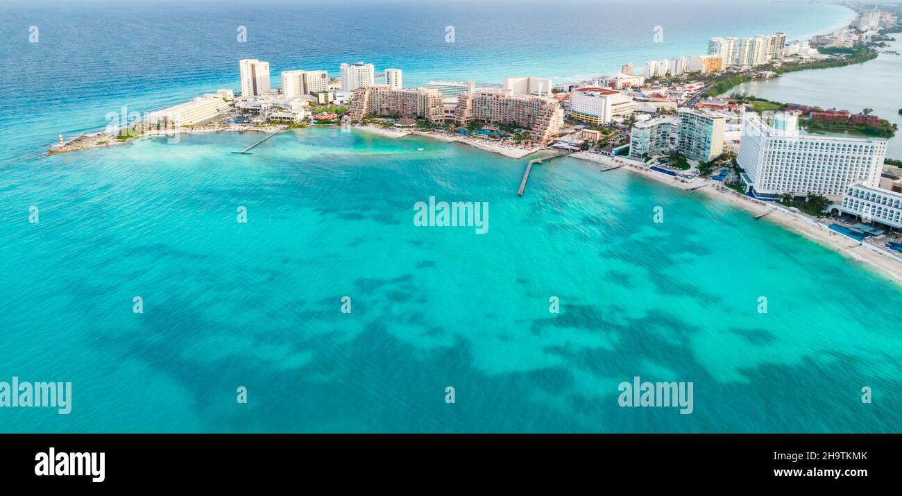 Aerial panoramic view of Cancun beach and city hotel zone in Mexico ...
