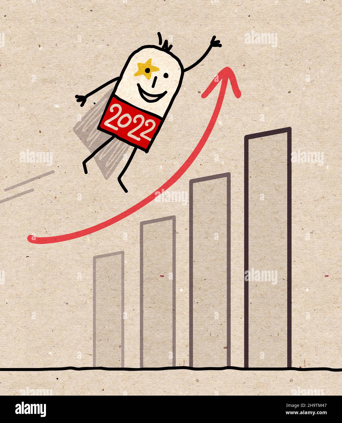Hand drawn Cartoon 2022 Super Hero with an optimistic economy chart ...