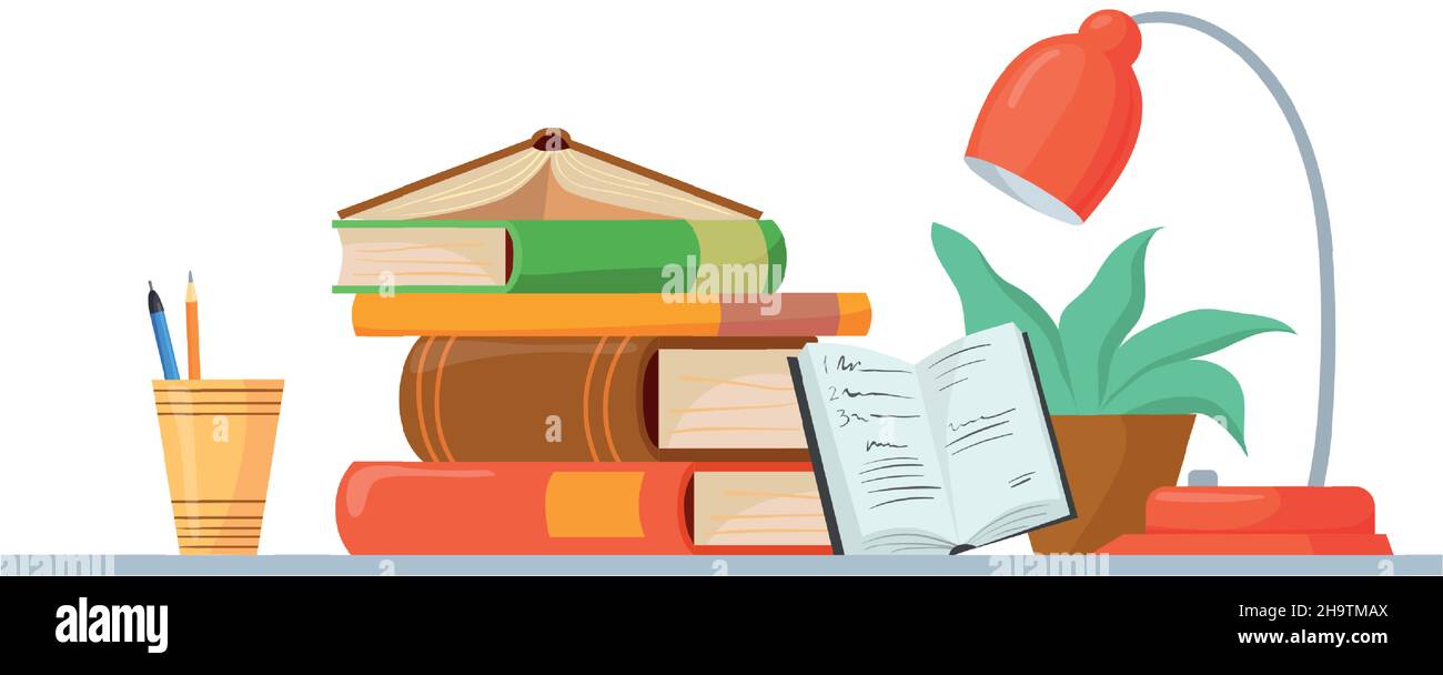 Stack books on table. Cartoon pile textbooks, stacks book with lamp and ...