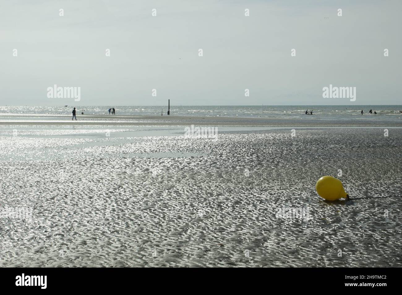 Yellow buoy at low tide on the beach of Oostduinkerke Belgium Stock ...