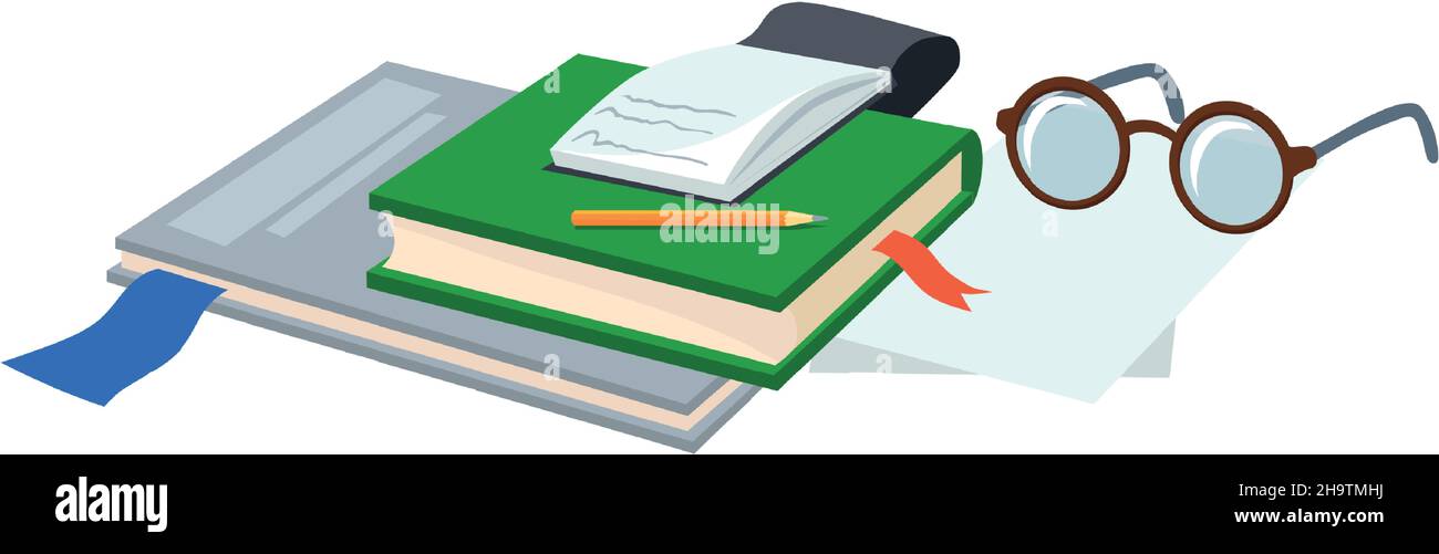 Study books library. Pile textbooks with glasses, cartoon notebook and ...