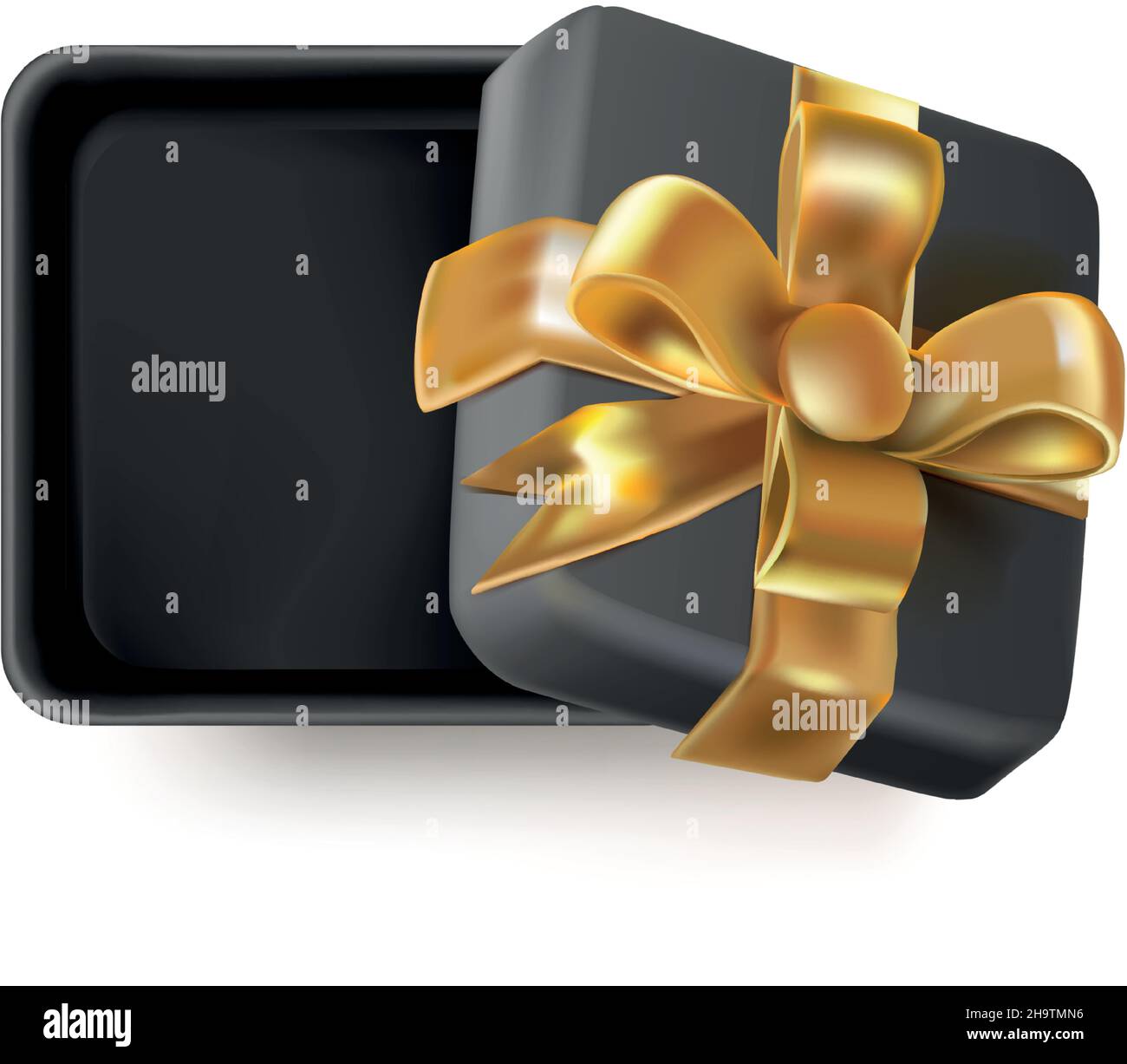 Surprise with gold ribbon. Black mystery gift, realistic vector ...