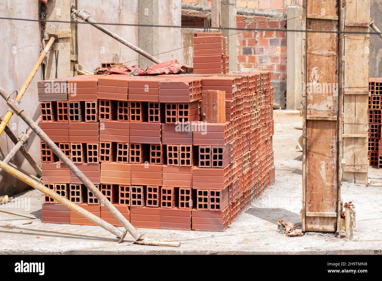 Pile of brick blocks for the construction of a modern house, Second ...