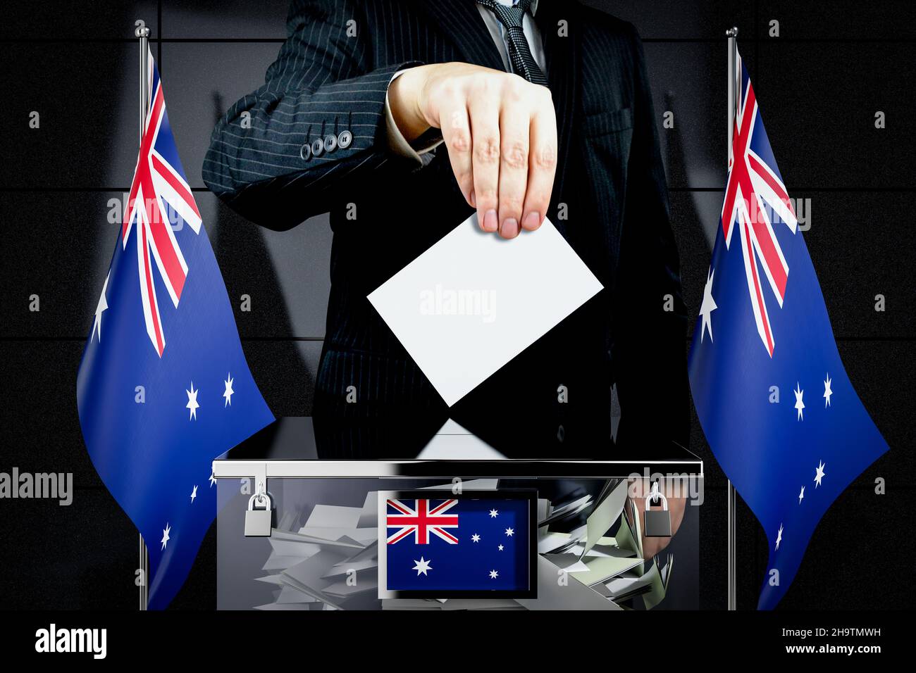Australia flags, hand dropping voting card - election concept - 3D ...