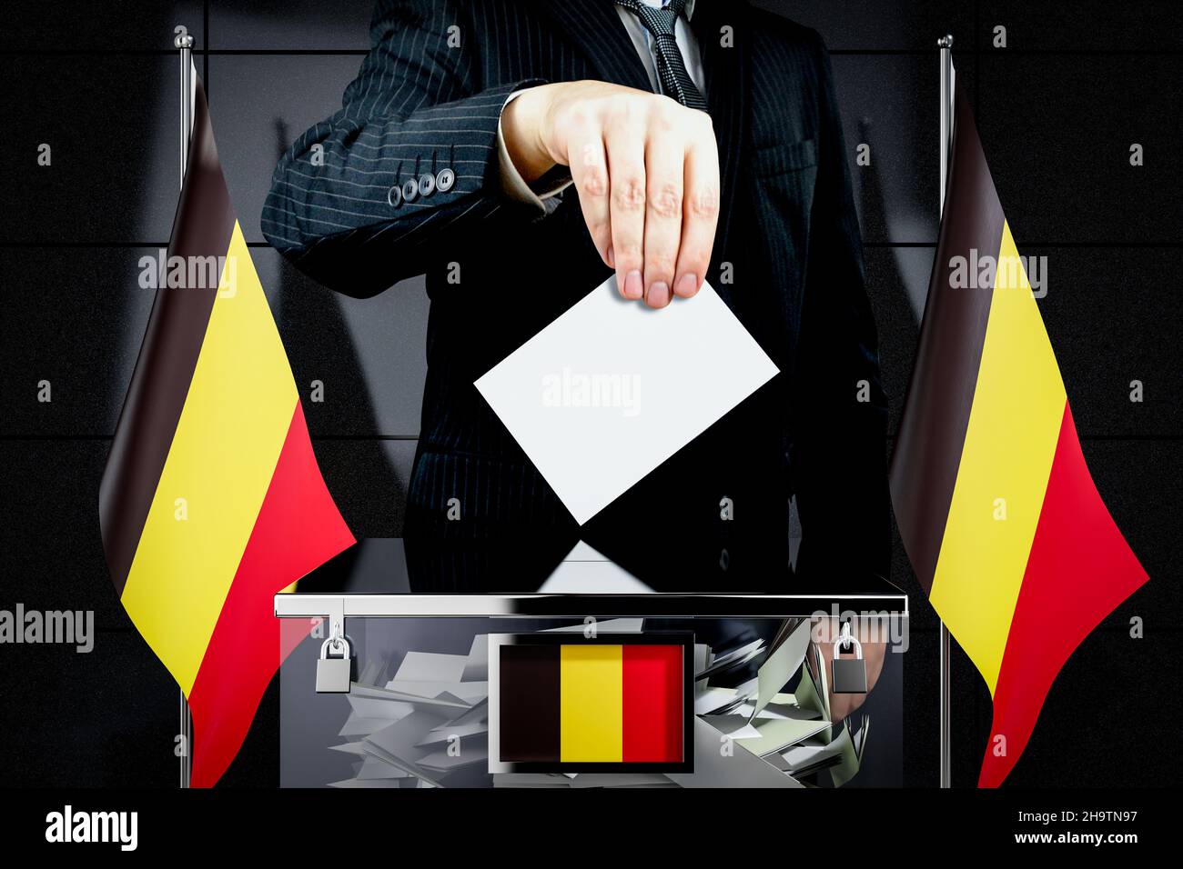 Belgium flags, hand dropping voting card - election concept - 3D ...
