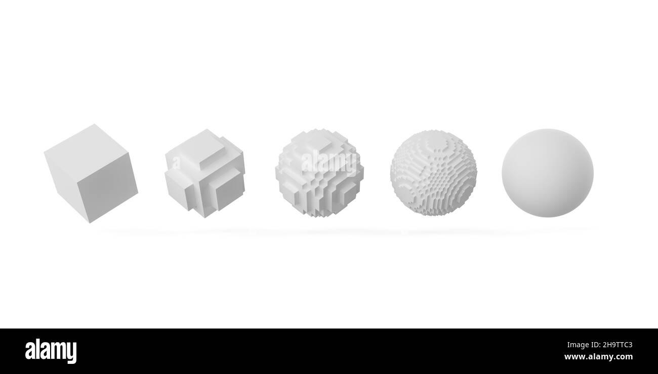 Evolving sequence from pixelized cubes to sphere over white background ...