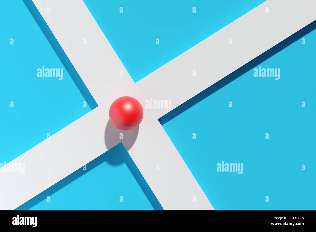 Red sphere on crossing of two white roads over cyan background, way ...