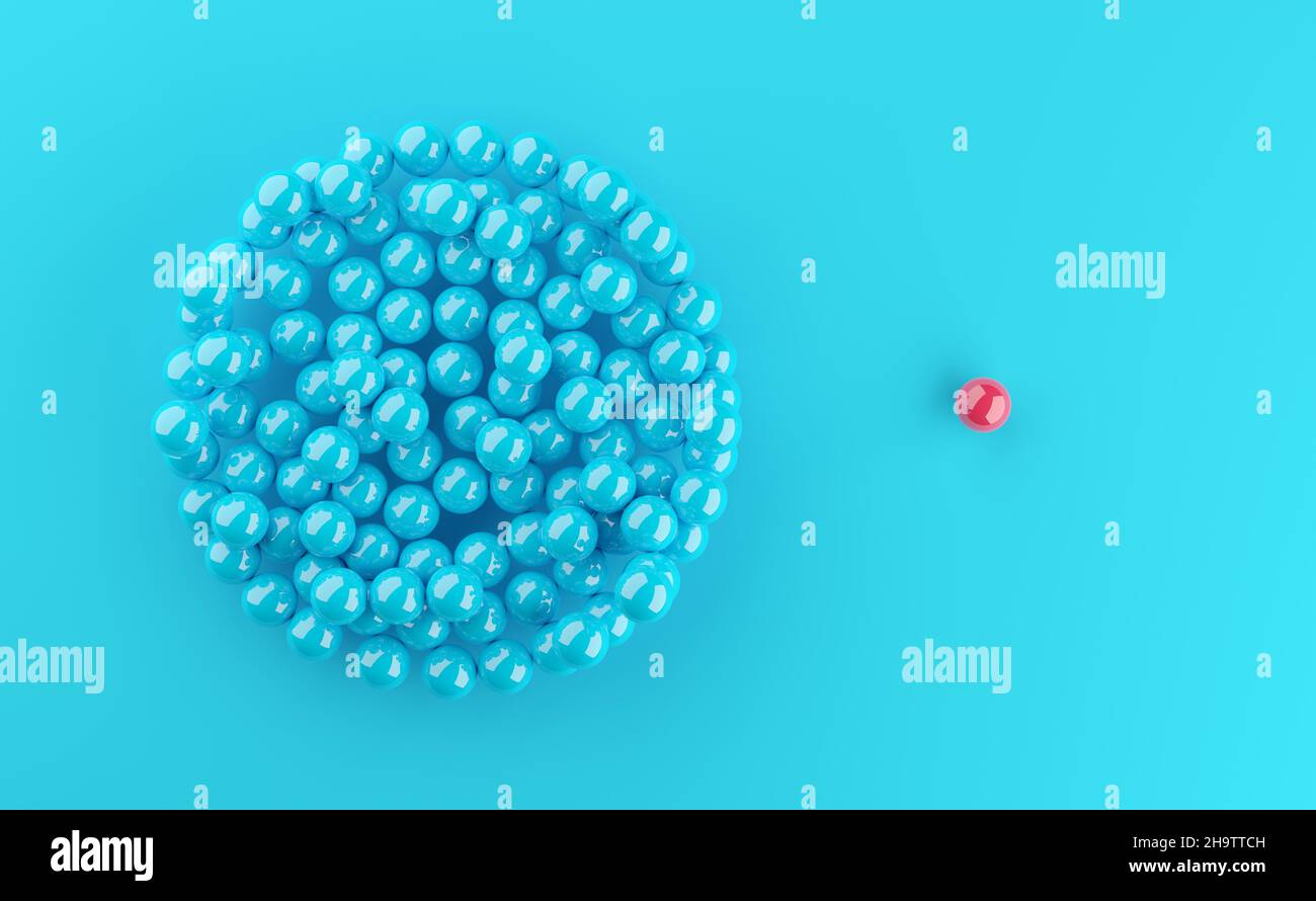 Single red sphere next to group of many cyan spheres over cyan ...