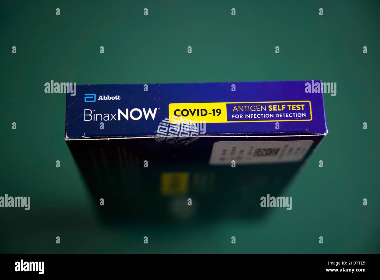 Close-up view of an Abbott at-home rapid covid-19 test in a blue box of ...