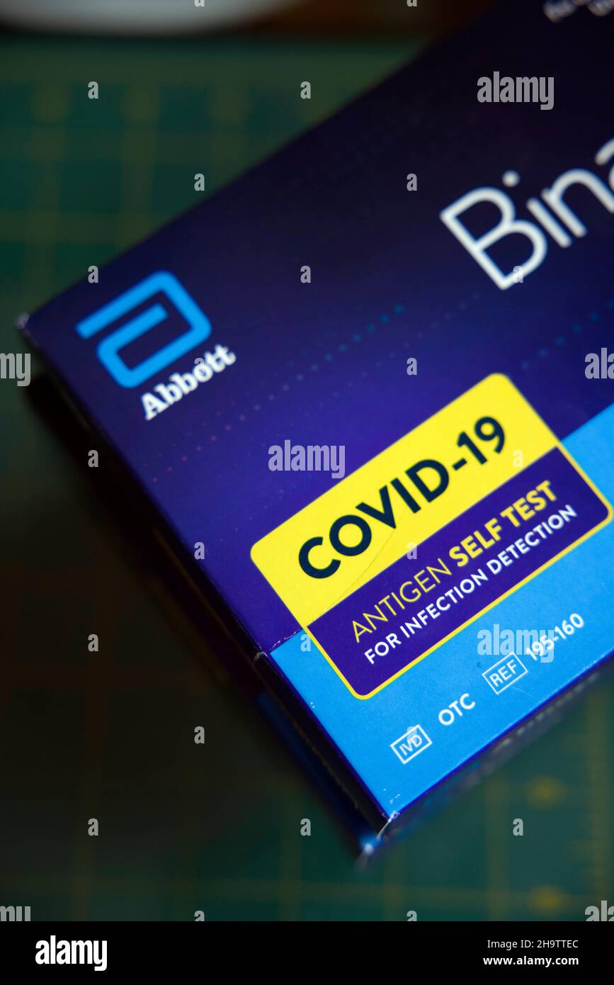 Close-up view of an Abbott at-home rapid covid-19 test in a blue box of ...