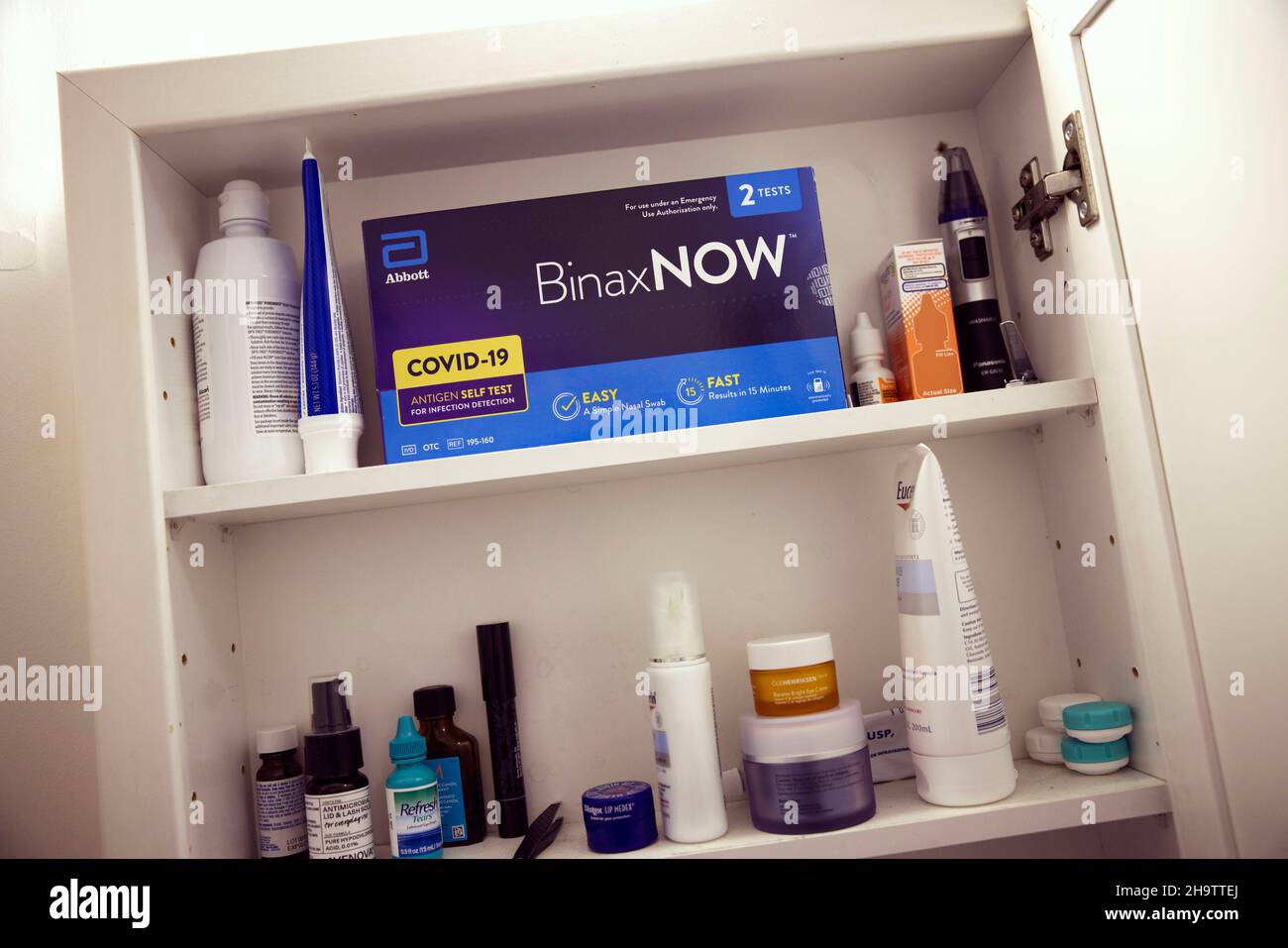 View of Abbott at-home rapid covid-19 tests in boxes of two on a shelf ...