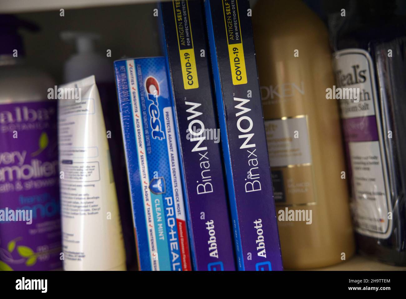 View of Abbott at-home rapid covid-19 tests in boxes of two on a shelf ...