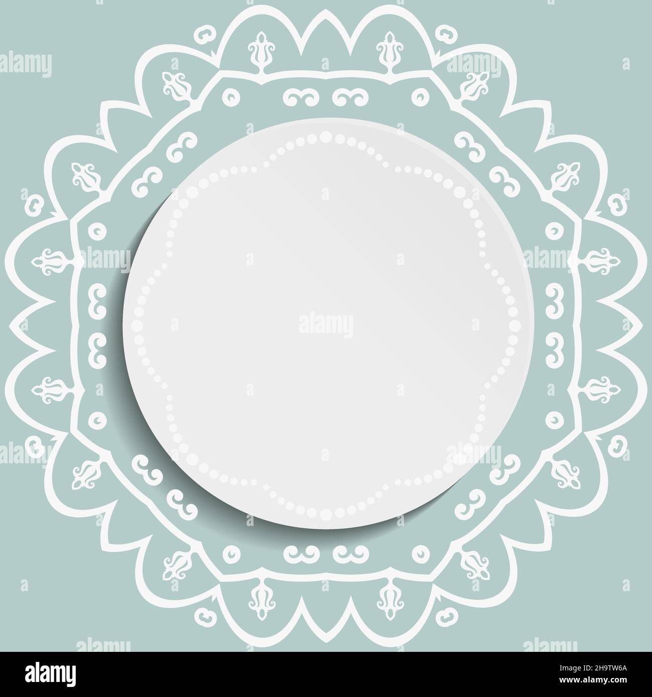Round vector frame with floral elements and arabesques. Light blue and white pattern with ...