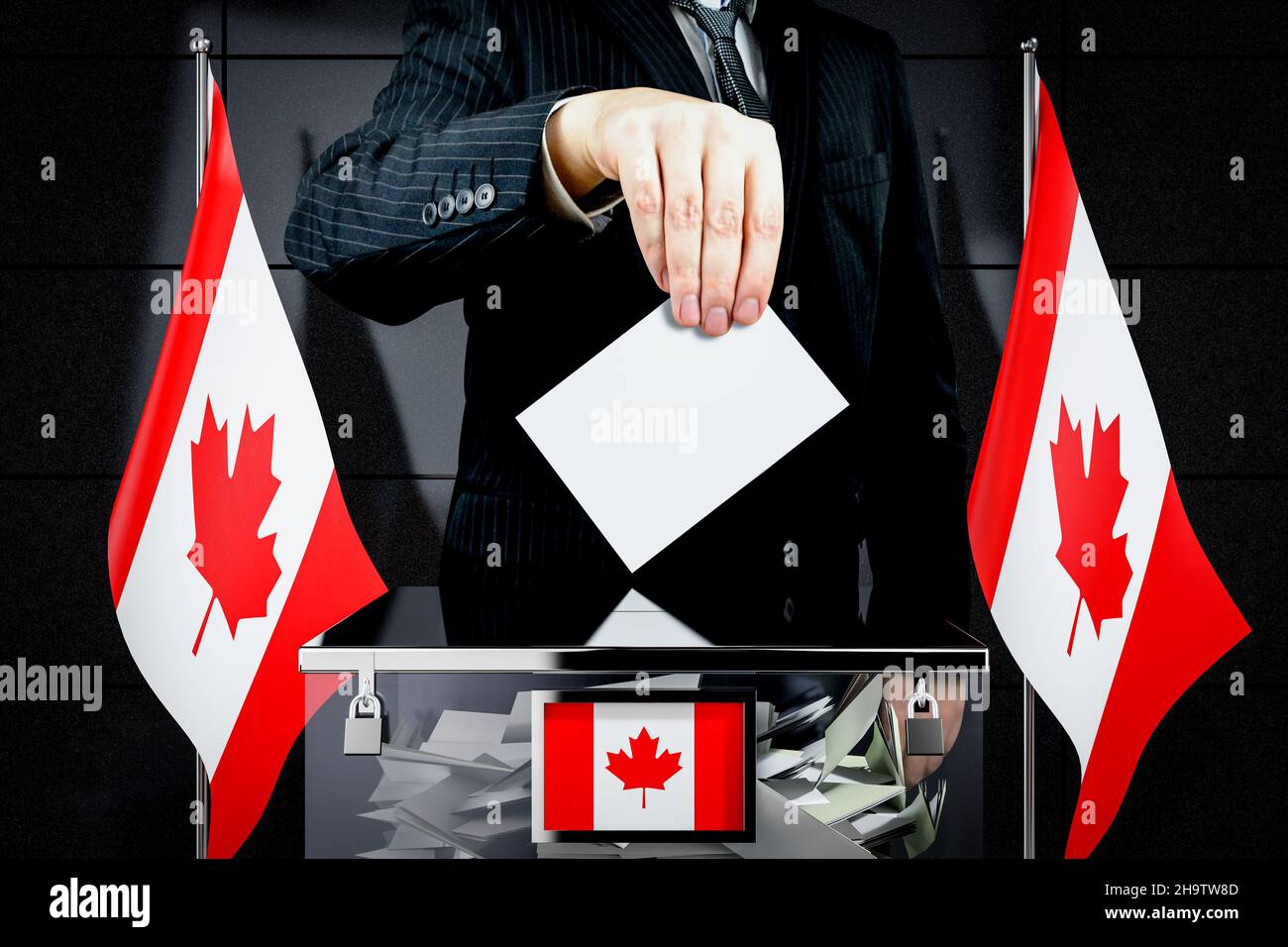 Canada flags, hand dropping voting card - election concept - 3D ...