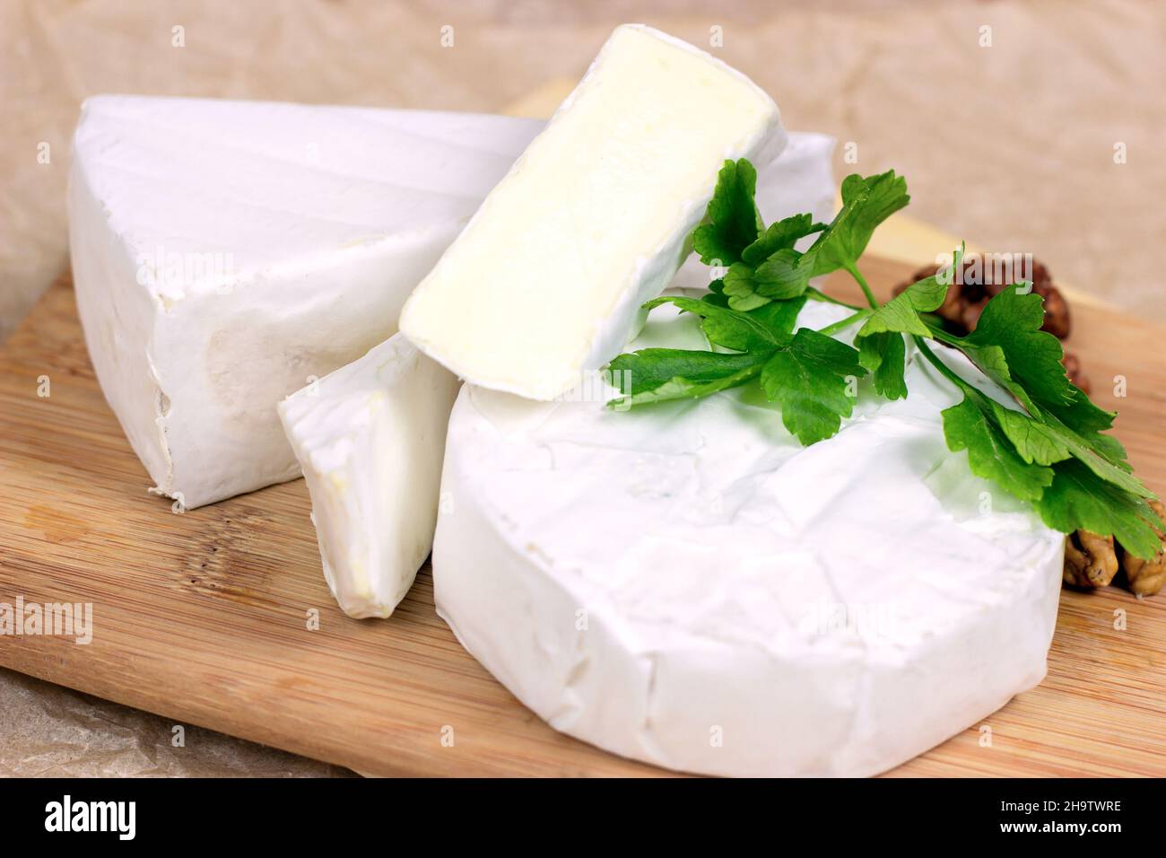 Slices and circles of camembert and brie cheese with white mold on ...