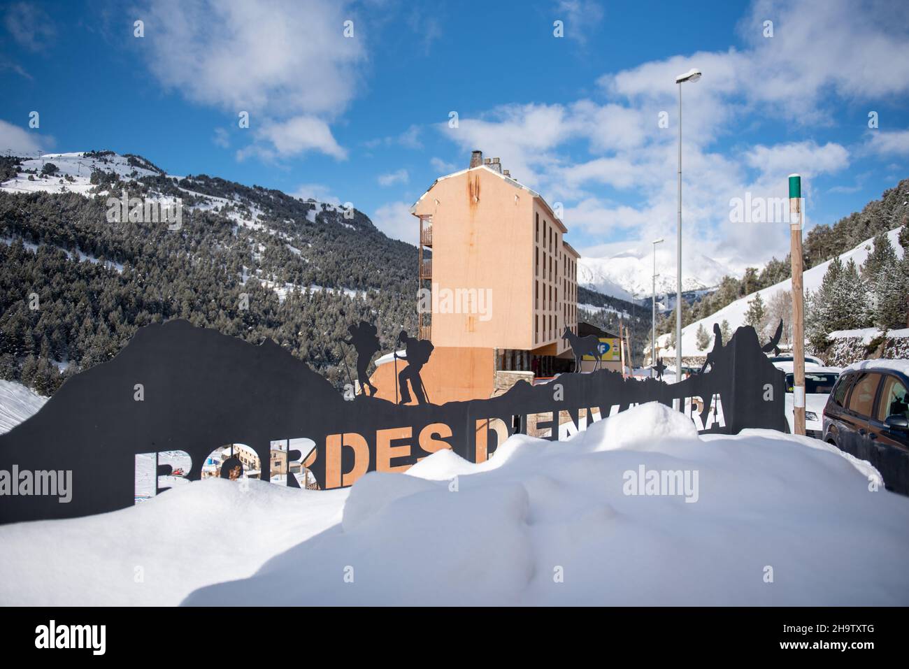 Canillo, Andorra: 2021 December 8: Sign with the name of the town of ...