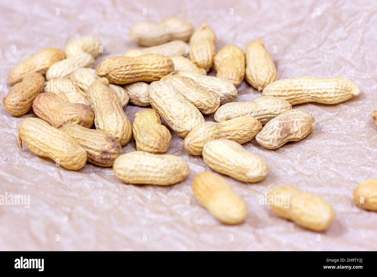 Raw unpeeled peanut nuts in nutshell on light paper background Stock ...
