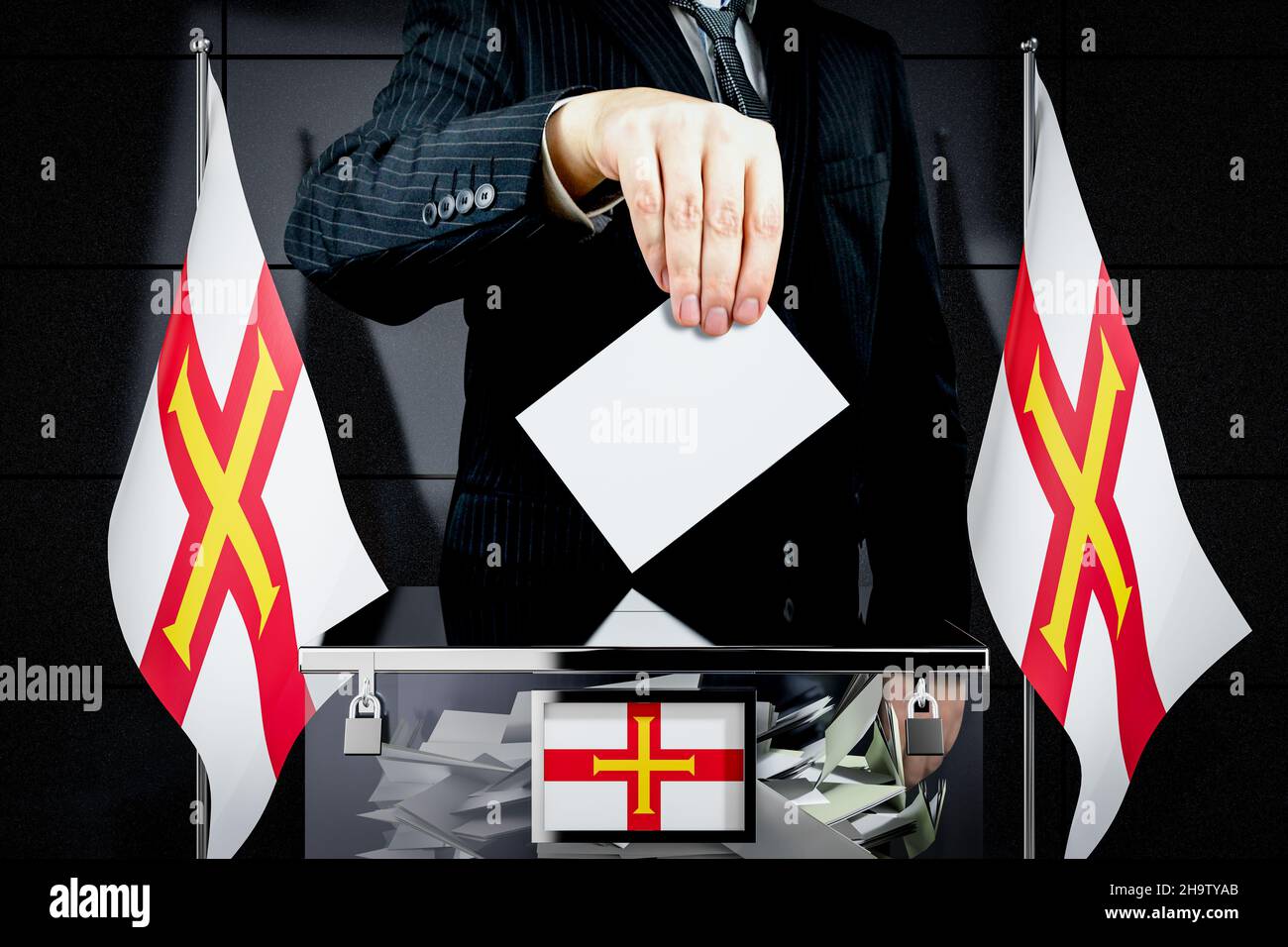 Guernsey flags, hand dropping voting card - election concept - 3D ...