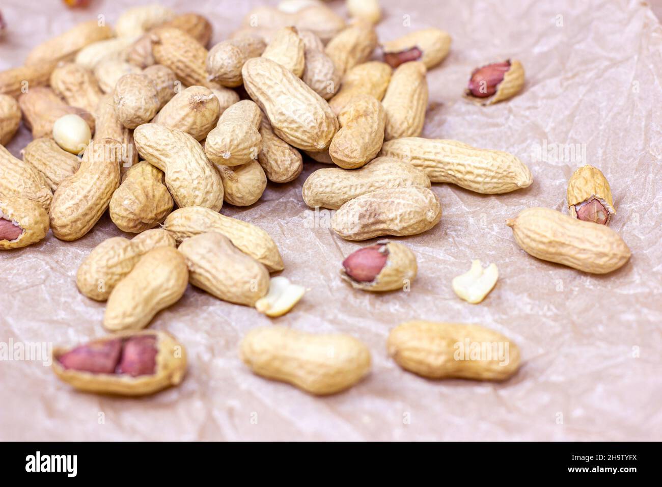 Raw unpeeled peanut nuts in nutshell on light paper background Stock ...