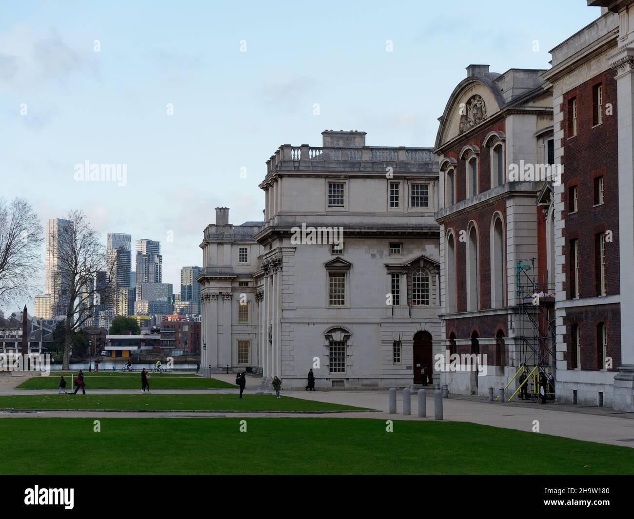 Greenwich university campus in winter with the River Thames behind and ...