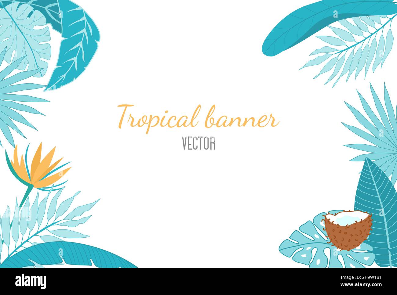 Vector tropical banner. Hand drawn palm leaves and tropical flowers and ...