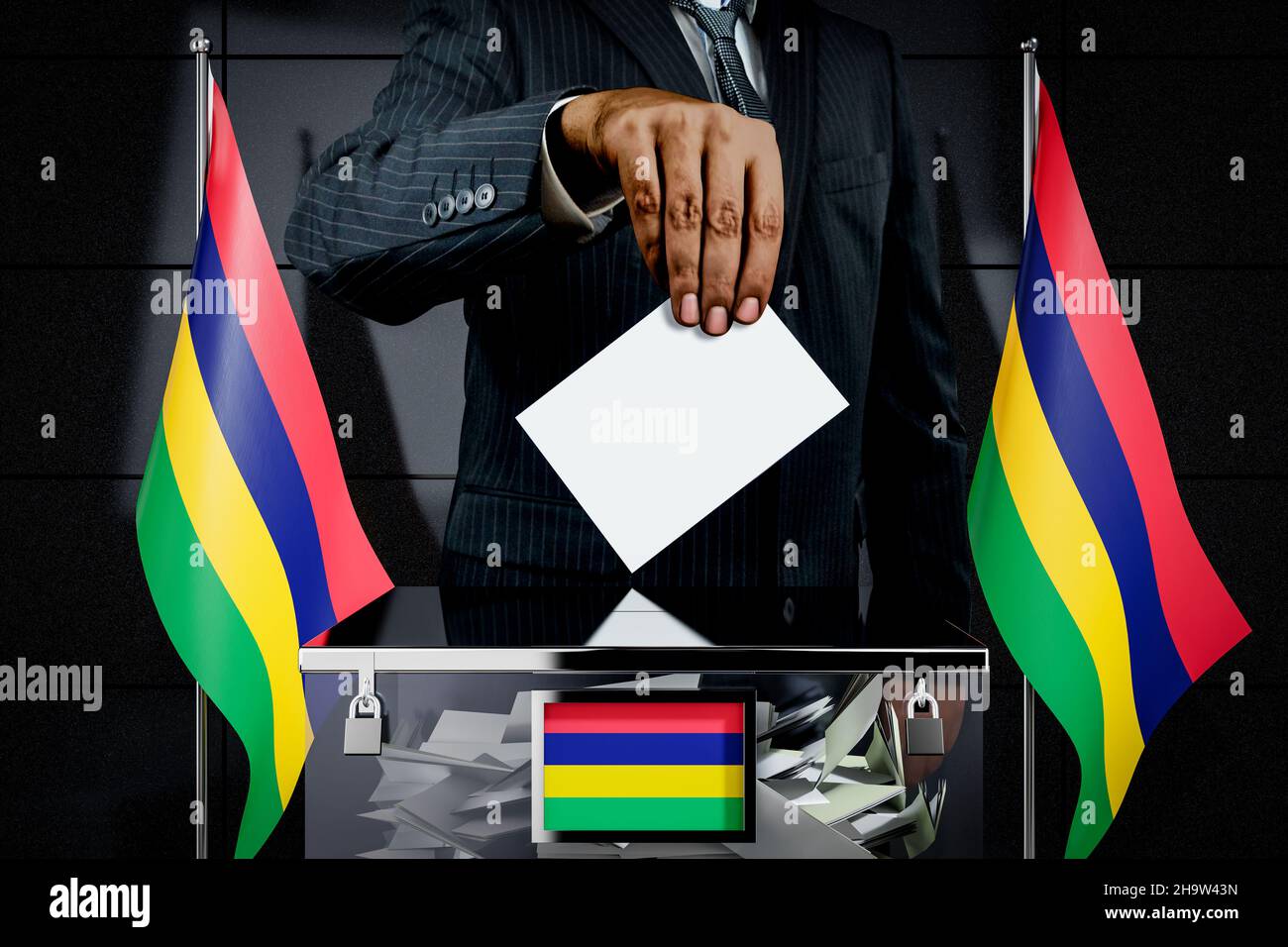Mauritius flags, hand dropping voting card - election concept - 3D ...