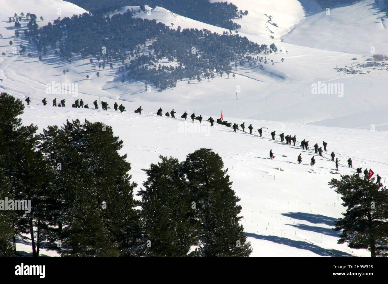 Turkish soldiers walking at Sarikamis Allahuekber Mountains in Kars ...