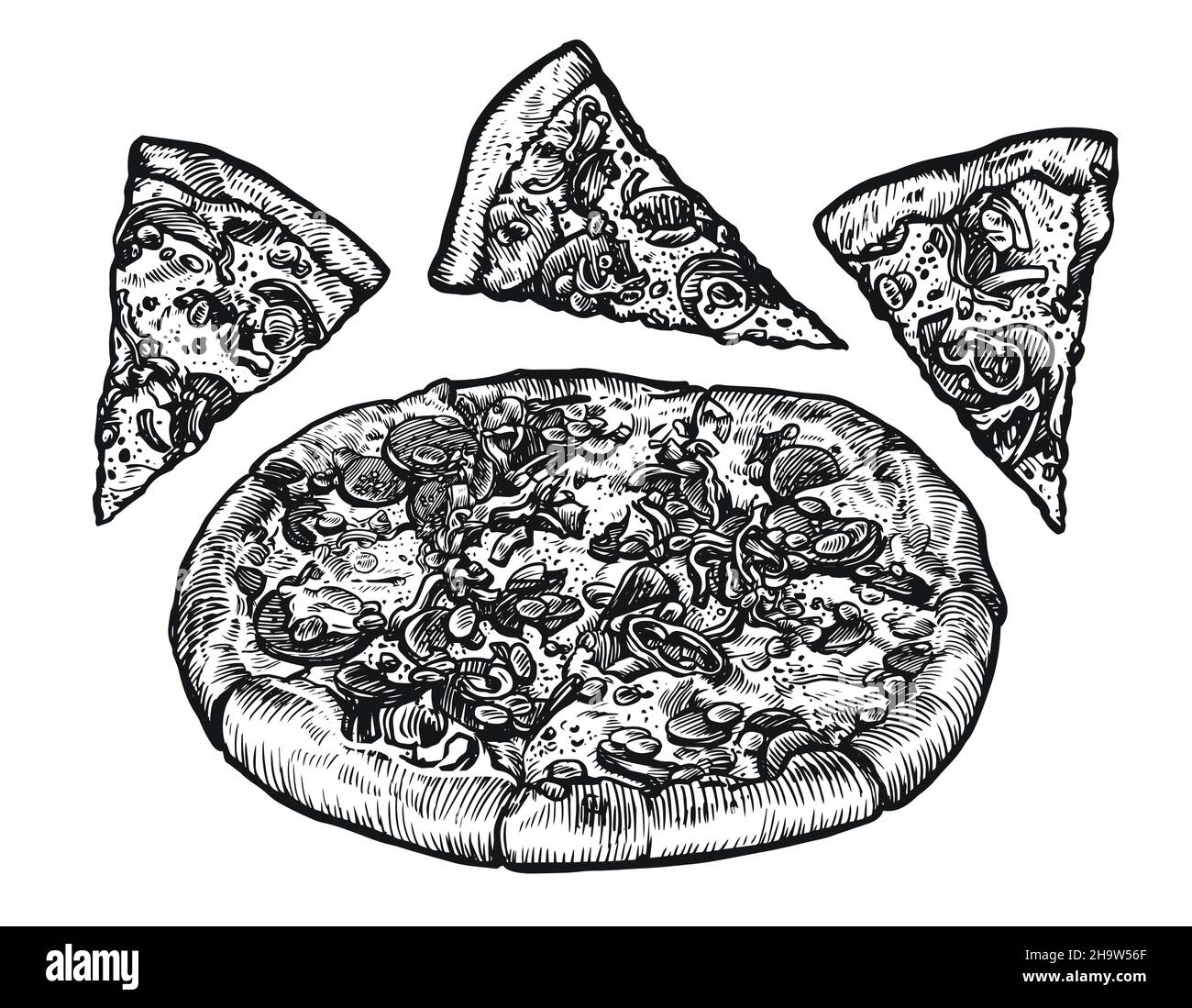 Whole pizza and slices. Hand drawn Pepperoni. Sketch style traditional ...