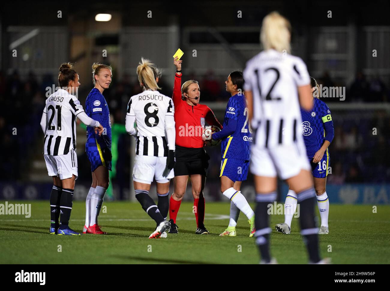 Chelsea's Sam Kerr (20) is booked by the referee, Sara Persson for ...