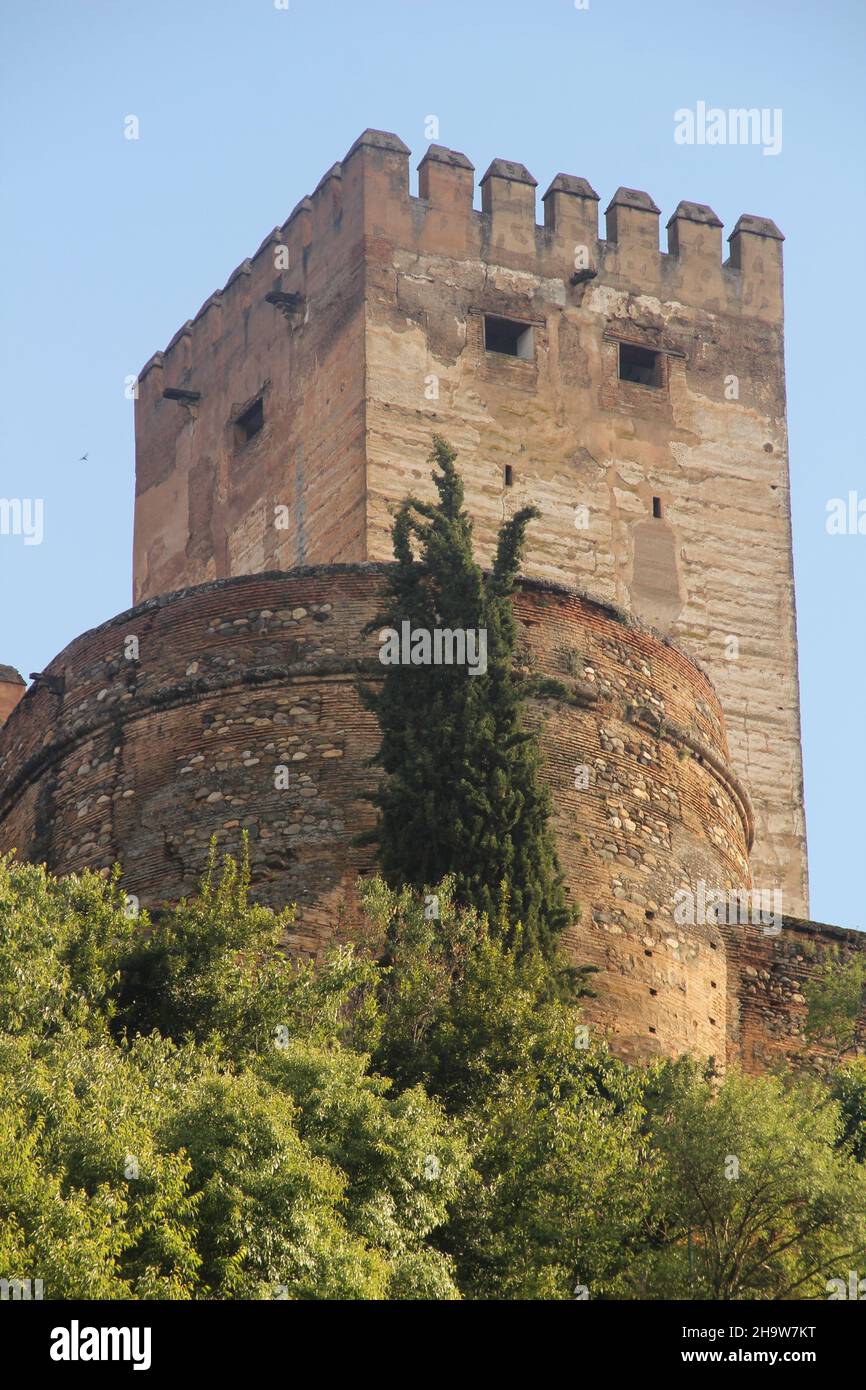 Vertical shot of a tall stone fortress tower in a forest in Granada ...